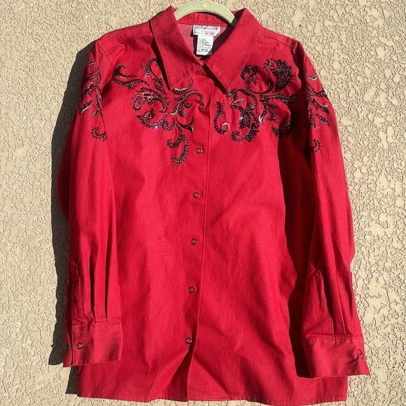 Victor Costa | Tops | Vintage Victor Costa Red Beaded Button Down Shirt ...